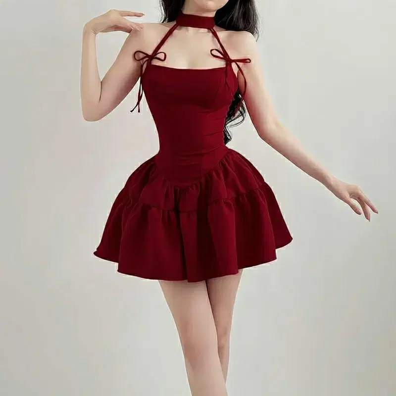 Red Ribbon Mini Onepiece Dress Party Look Halterneck Balletcore Lolita ...