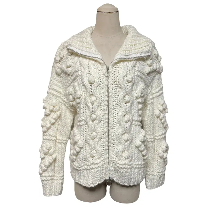 3671 Ivory Loose Fit Two-Way Pom Pom Knit Zip-Up Knit Cardigan #빈티지 ...