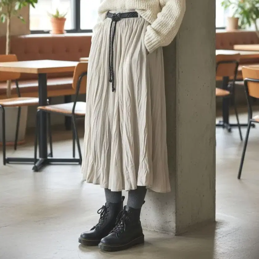 Belt included Suede Wrinkle Pleated Banding Long Skirt Velvet Winter ...